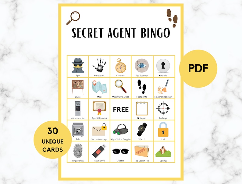 Secret Agent Bingo - Spy Birthday Activity- 30 Detective Printable ...