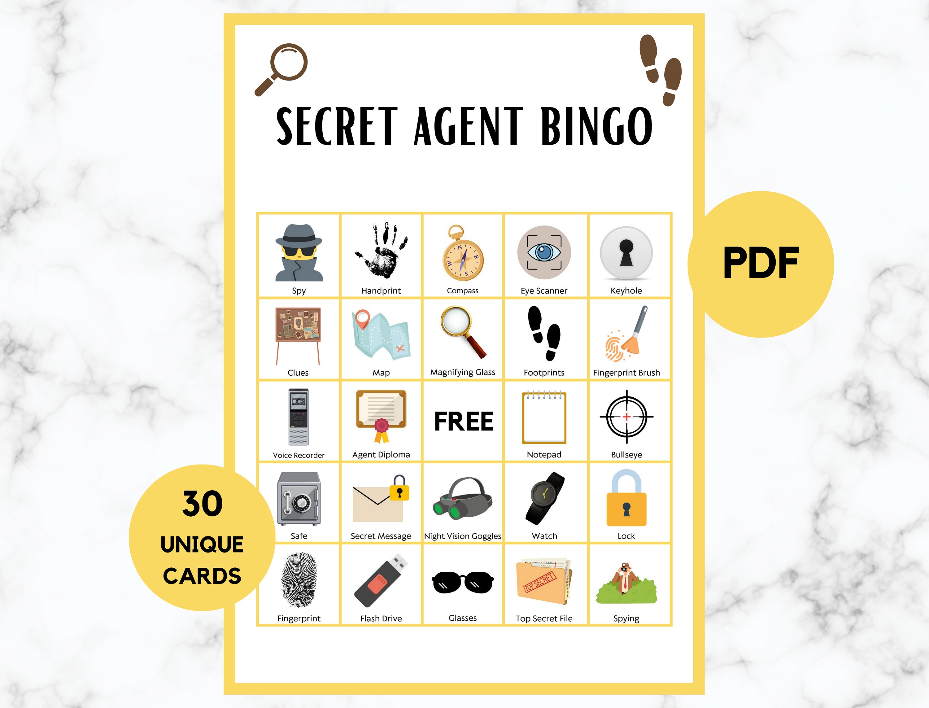 Secret Agent Bingo - Spy Birthday Activity- 30 Detective Printable ...