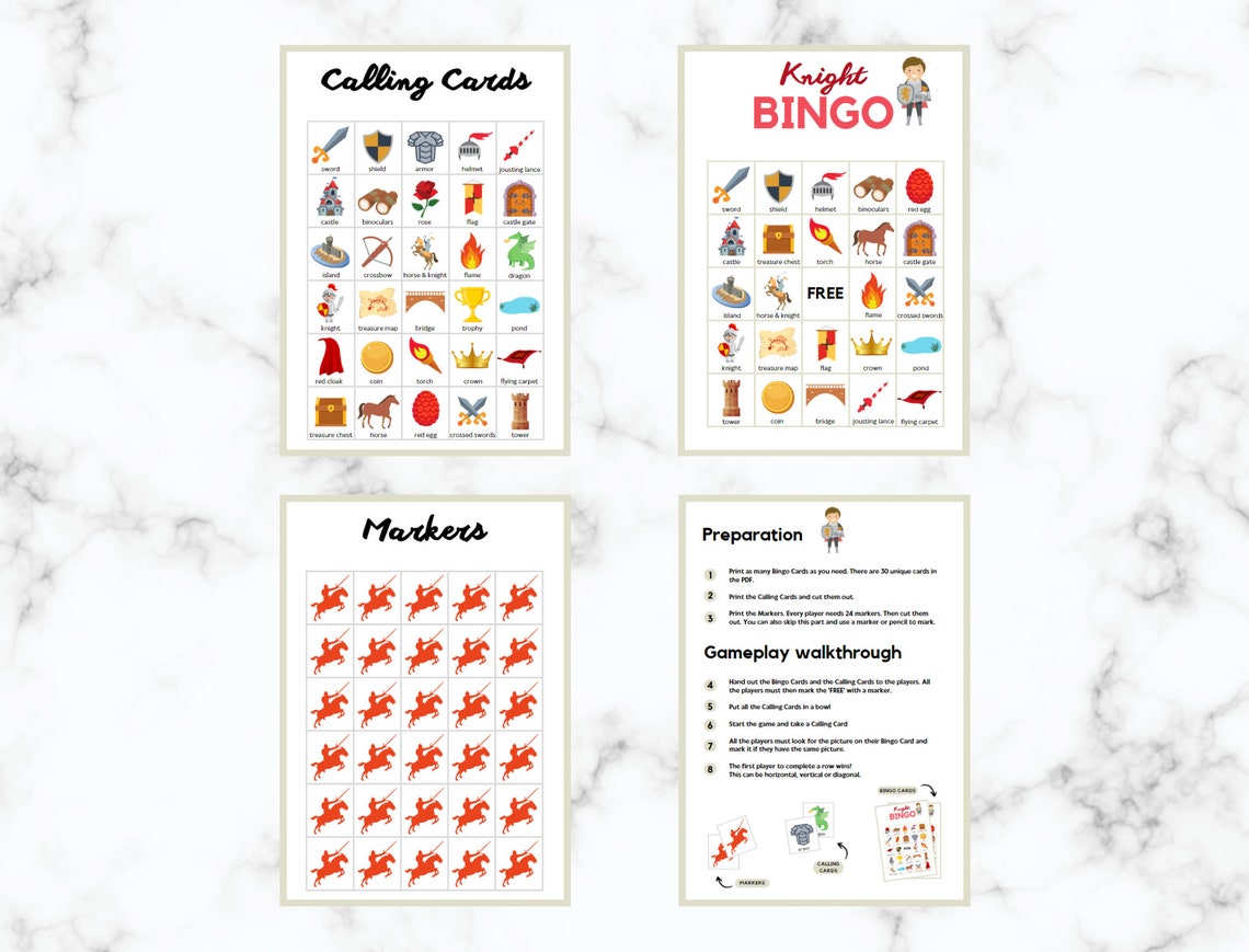 Knight Bingo - 30 Knight Bingo Cards - Knight Party Game - Knight ...