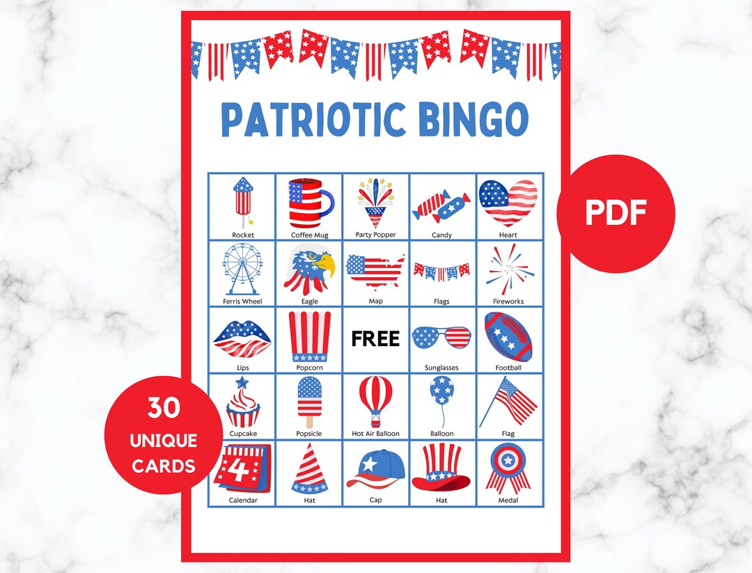 Patriotic Bingo - Independence Day Bingo - 30 4th of July Bingo Cards ...