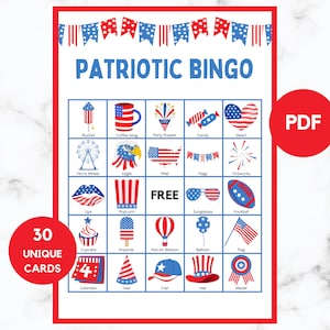 Patriotic Bingo - Independence Day Bingo - 30 4th of July Bingo Cards ...