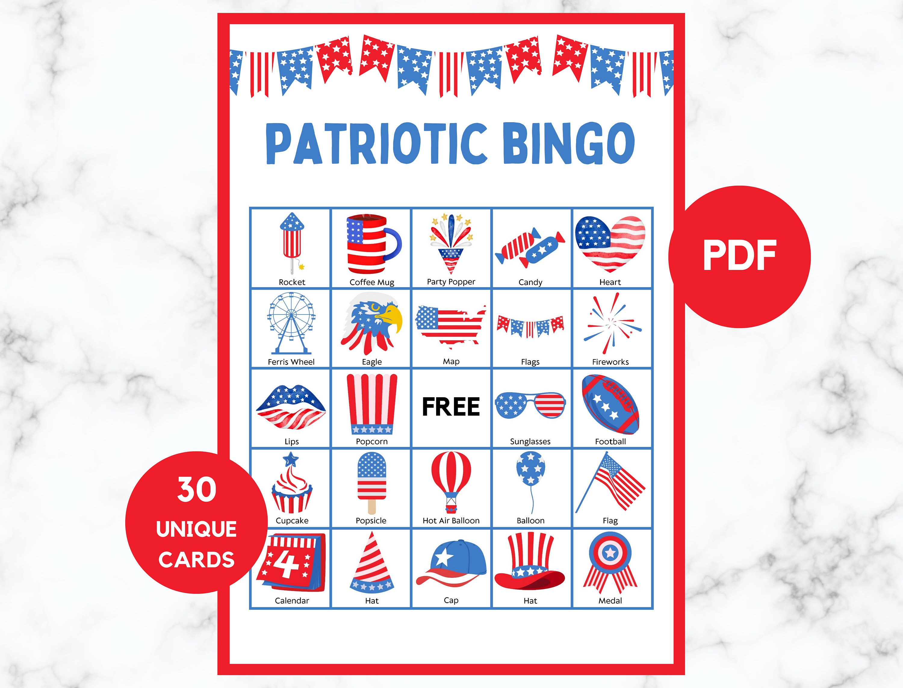 Patriotic Bingo - Independence Day Bingo - 30 4th of July Bingo Cards ...