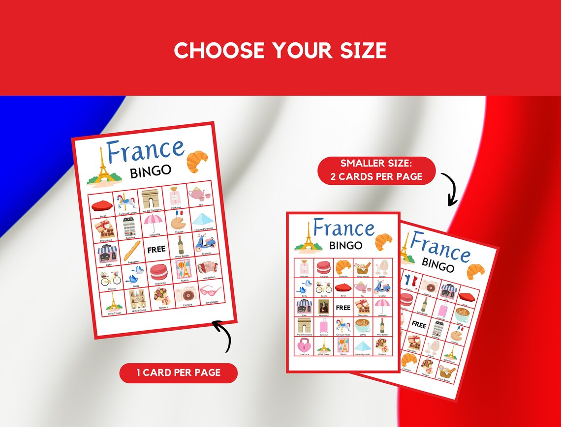France Bingo - Travel Bingo - 30 France Bingo Cards - France Party Game ...