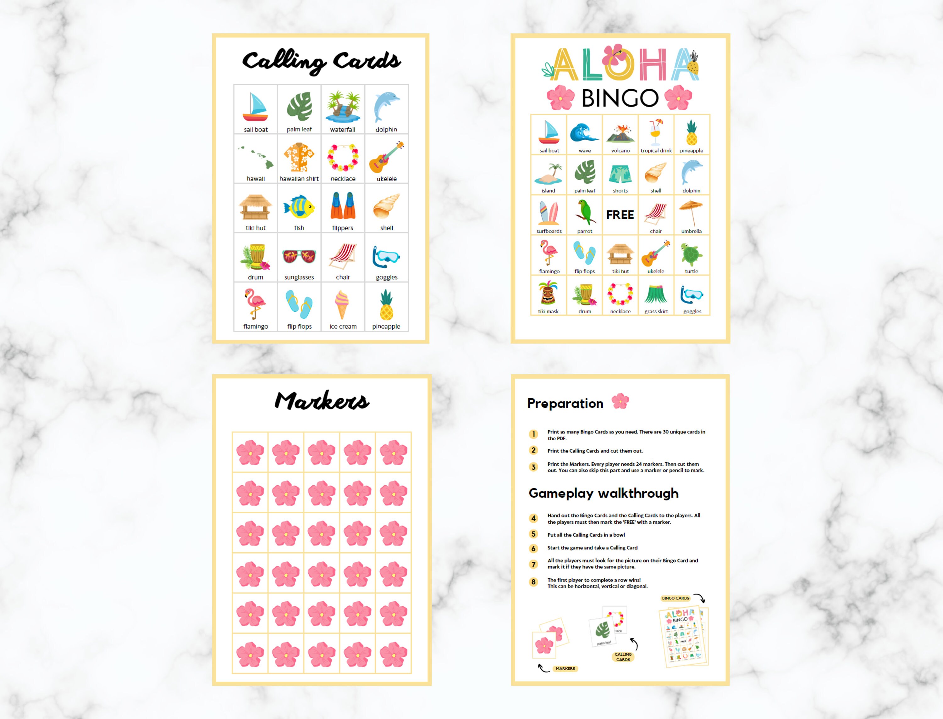 Aloha Bingo - 30 Aloha Bingo Cards - Aloha Party Game - Aloha Bingo ...
