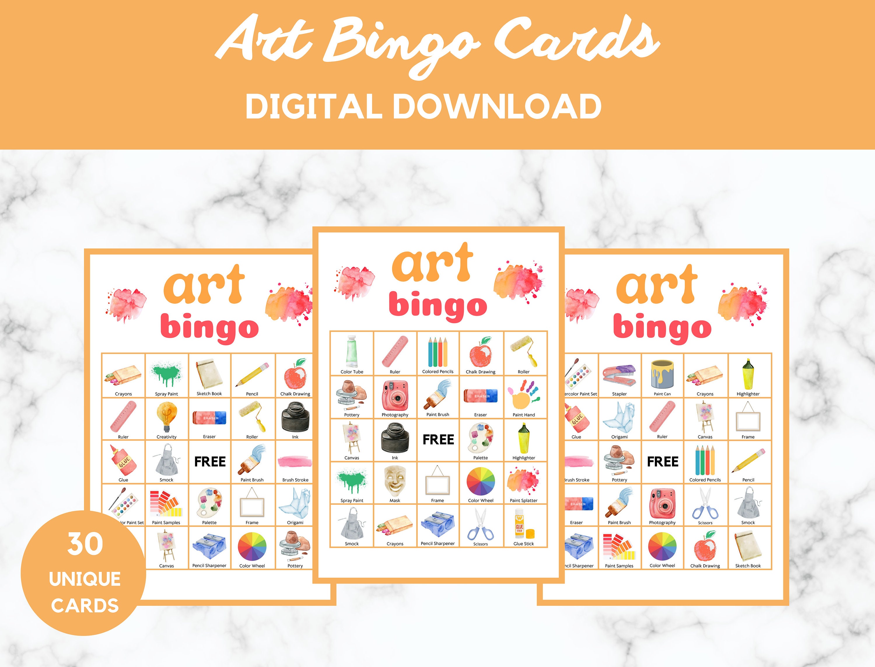 Art Bingo - Art Activity- 30 Art Bingo Cards - Art Party Game - - Art ...