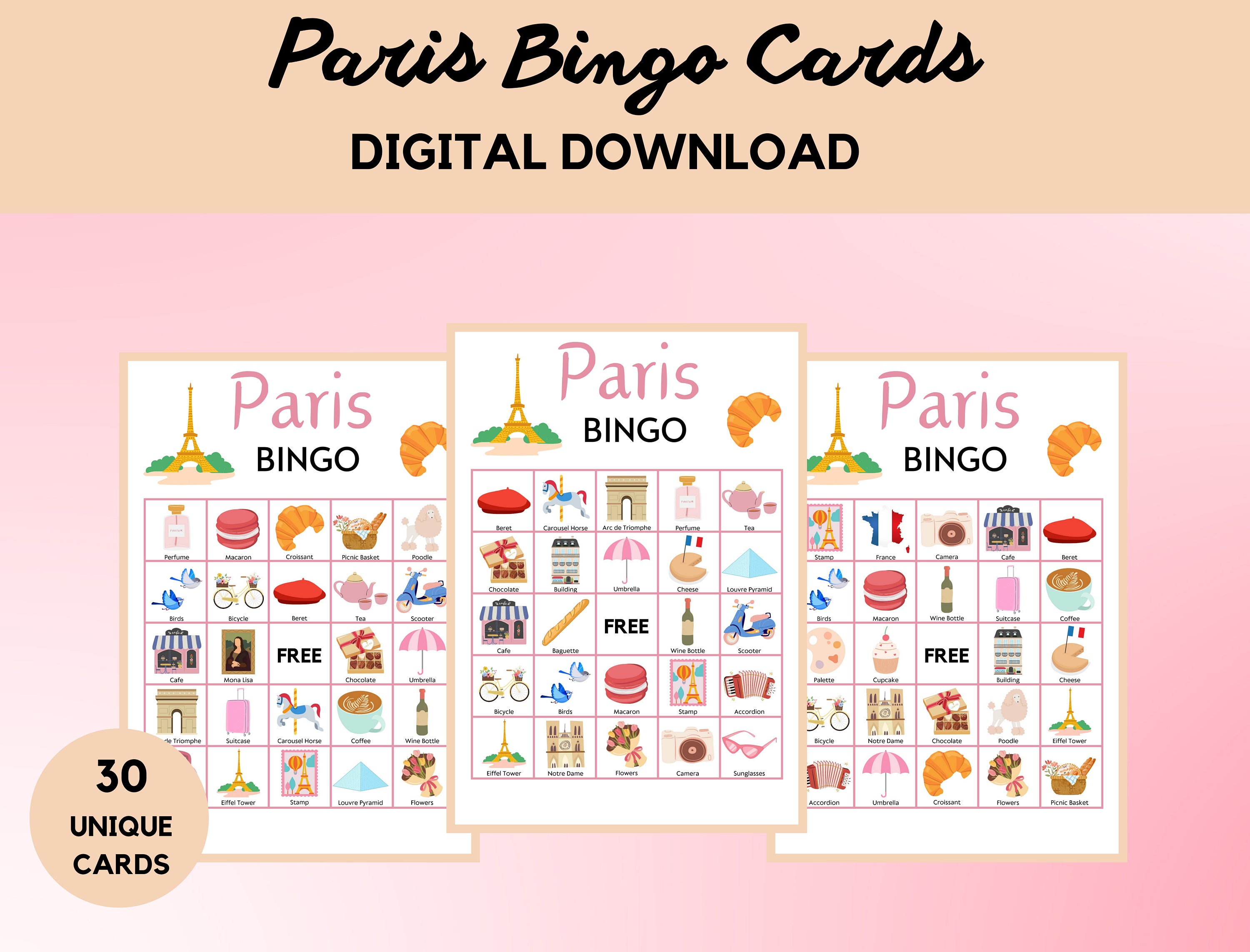 Paris Bingo - Travel Bingo - 30 Paris Bingo Cards - Paris Party Game ...