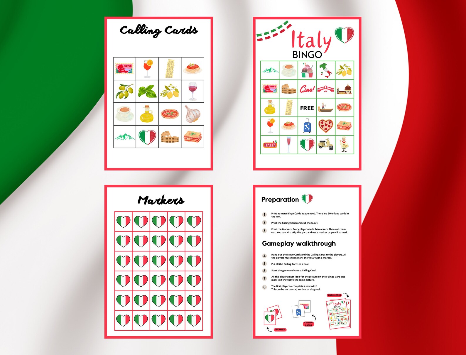 Italy Bingo - Travel Bingo - 30 Italy Bingo Cards - Italy Party Game ...