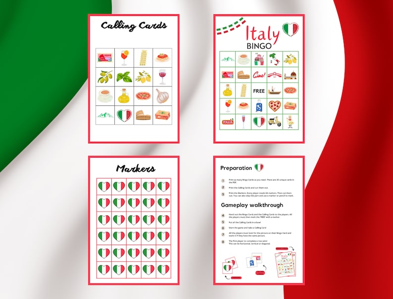 Italy Bingo - Travel Bingo - 30 Italy Bingo Cards - Italy Party Game ...