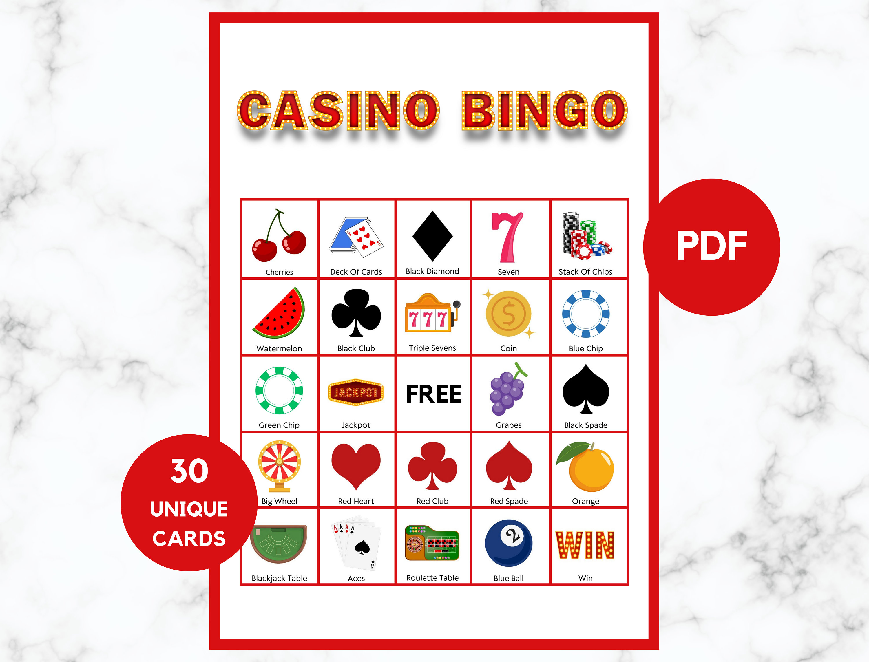 Casino Bingo - Casino Party Activity- 30 Casino Bingo Cards - Casino ...