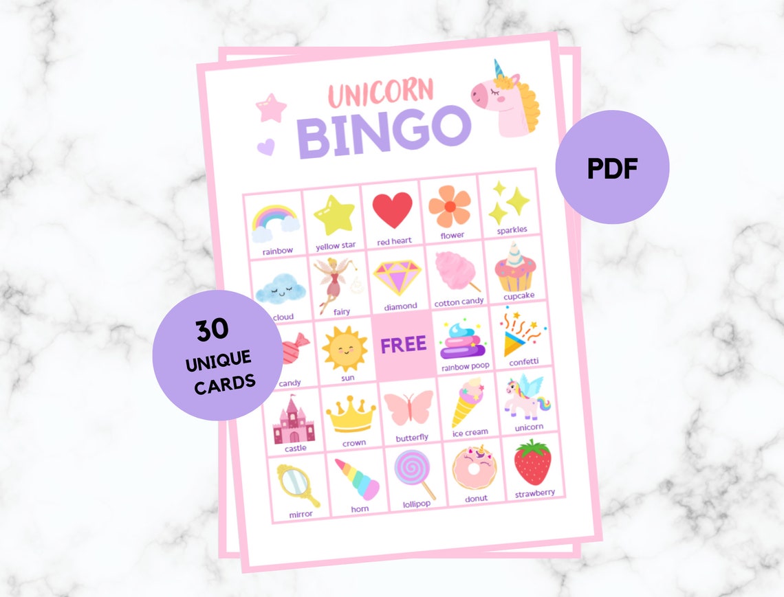 Unicorn Bingo - 30 Unicorn Bingo Cards - Unicorn Party Game - Unicorn ...