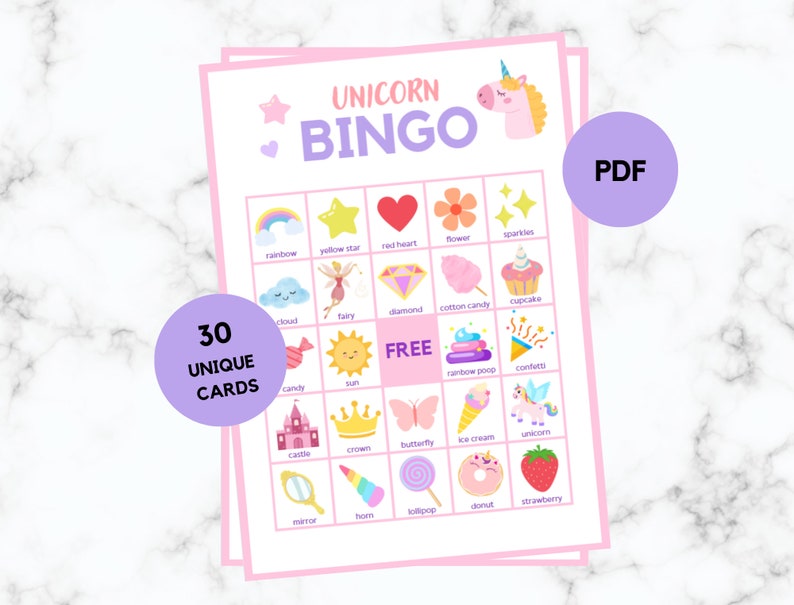 Unicorn Bingo - 30 Unicorn Bingo Cards - Unicorn Party Game - Unicorn ...