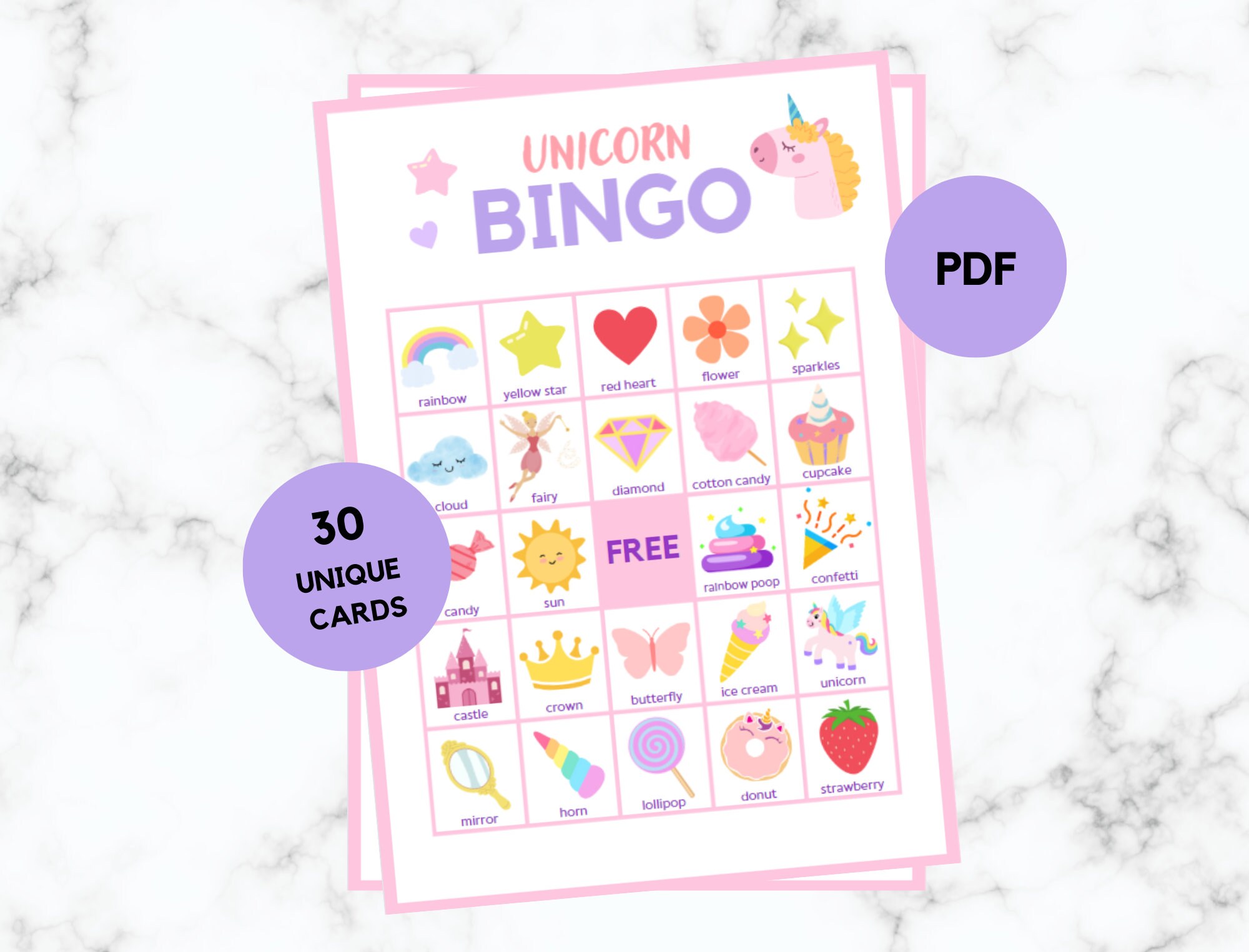 Unicorn Bingo - 30 Unicorn Bingo Cards - Unicorn Party Game - Unicorn ...