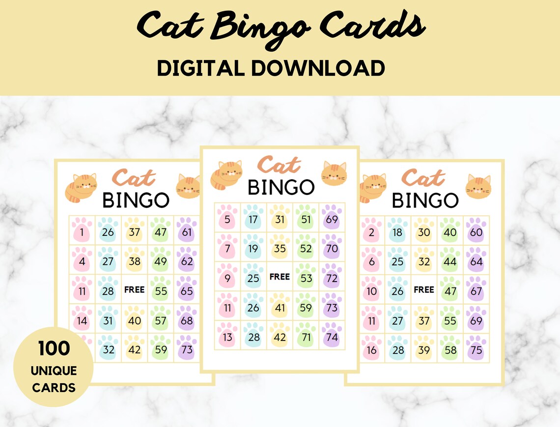 Cat Bingo - 100 Cat Bingo Cards - Cat Party Game - Cat Birthday - Cat ...