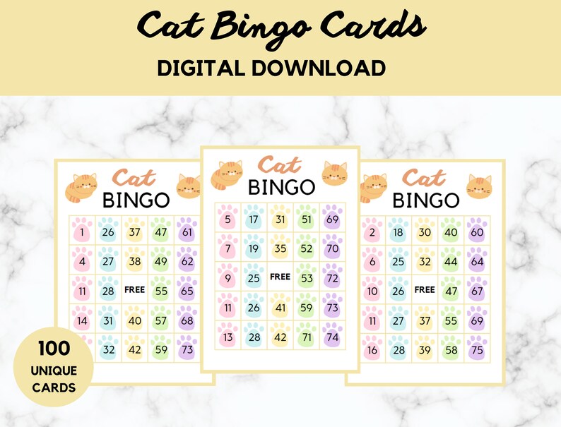 Cat Bingo - 100 Cat Bingo Cards - Cat Party Game - Cat Birthday - Cat ...