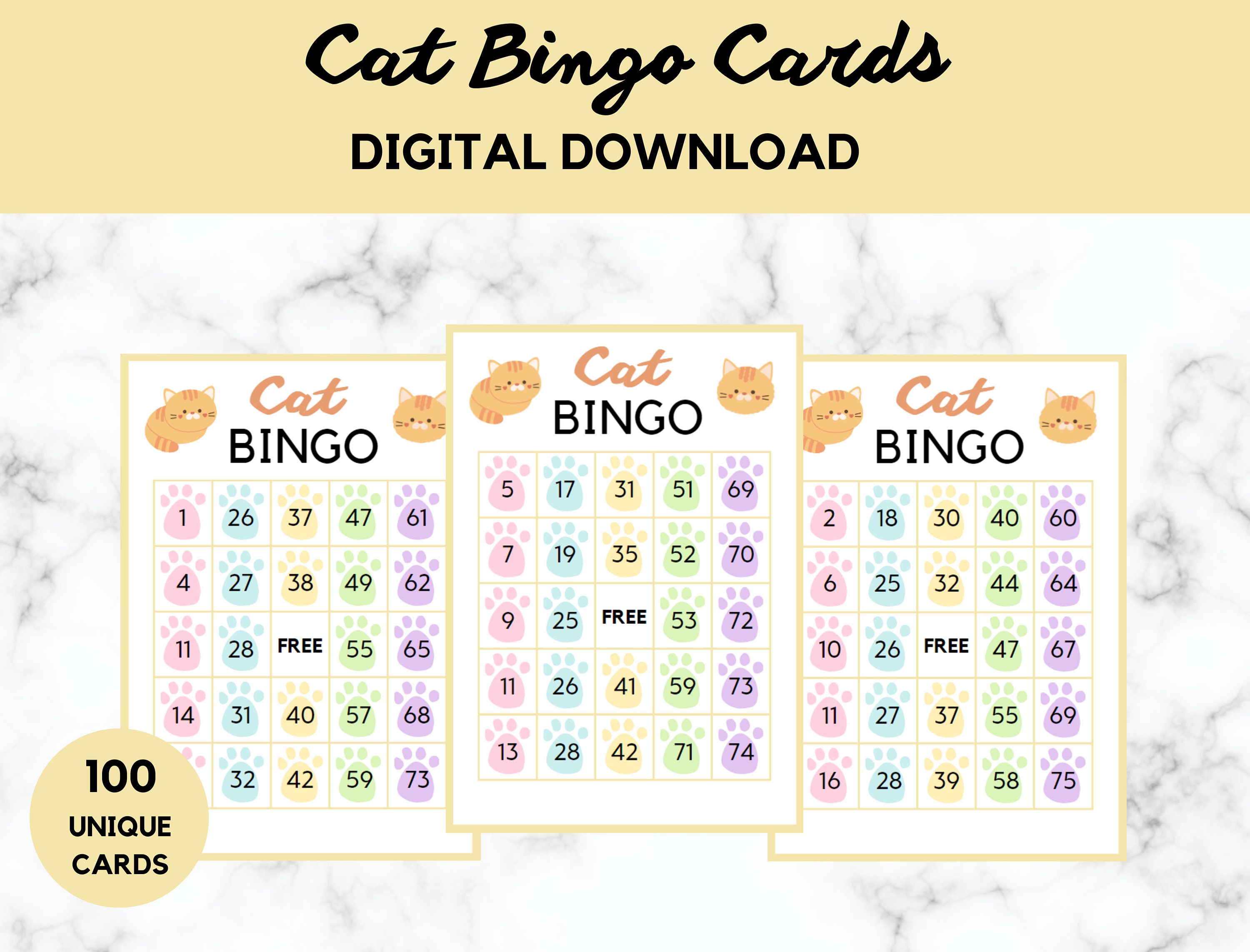 Cat Bingo - 100 Cat Bingo Cards - Cat Party Game - Cat Birthday - Cat ...