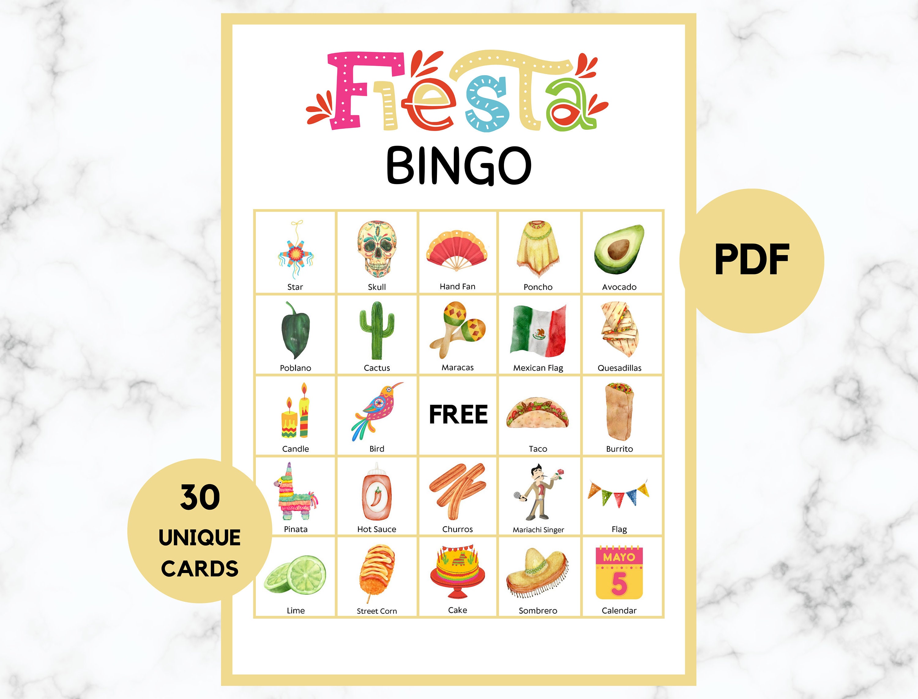 Fiesta Bingo - Fiesta Activity for Kids - 30 Fiesta Bingo Cards ...