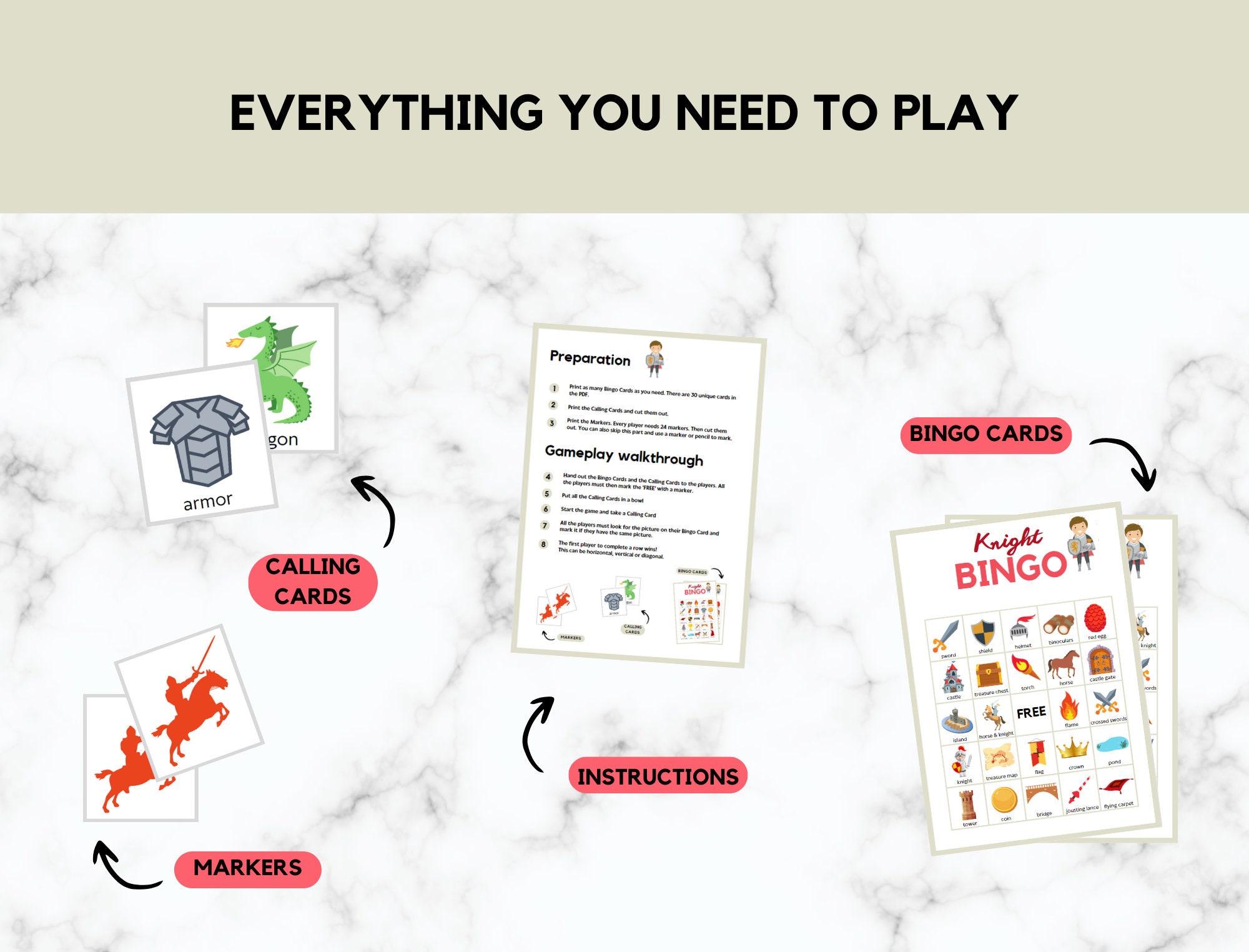 Knight Bingo - 30 Knight Bingo Cards - Knight Party Game - Knight ...