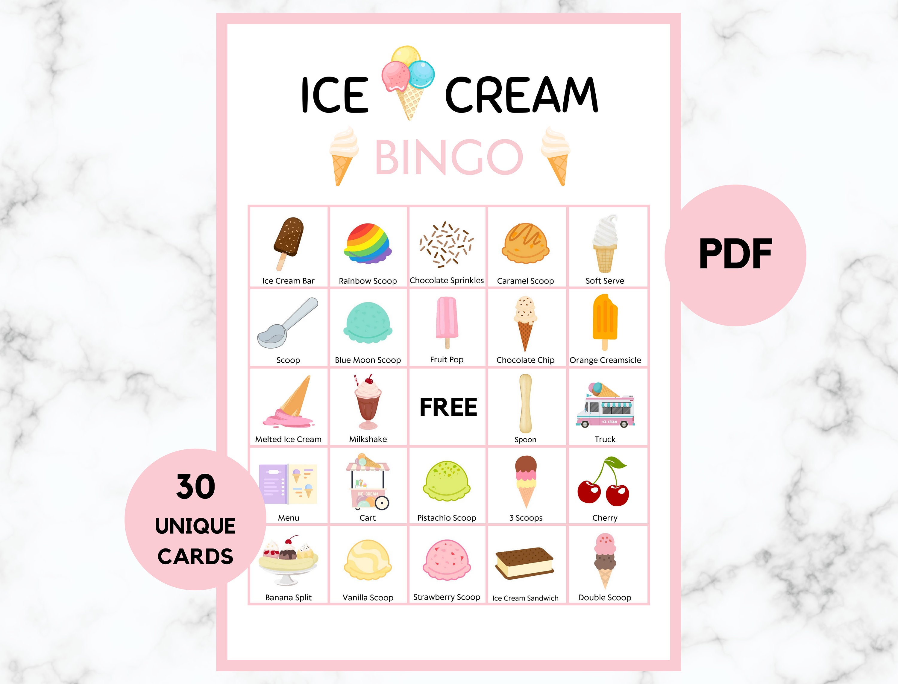Ice Cream Bingo Ice Cream Activity 30 Printable Ice Cream Bingo Cards ...