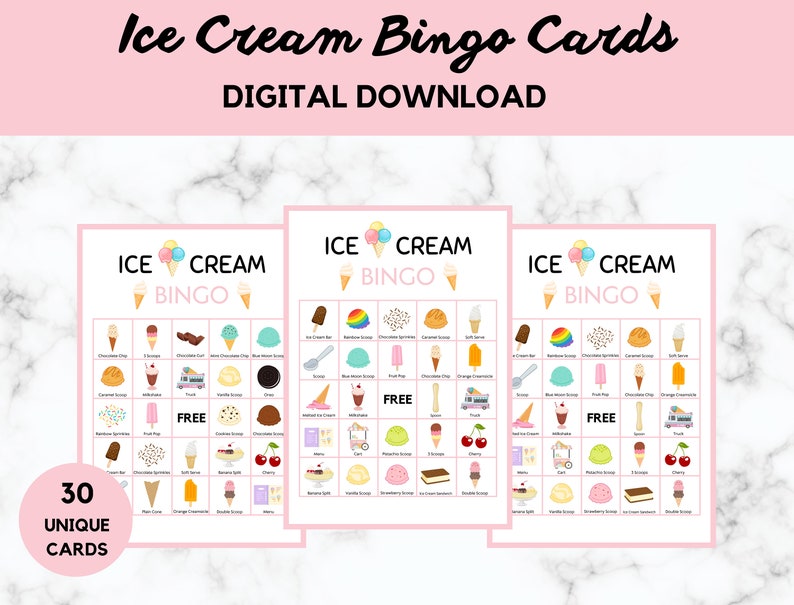Ice Cream Bingo Ice Cream Activity 30 Printable Ice Cream Bingo Cards ...