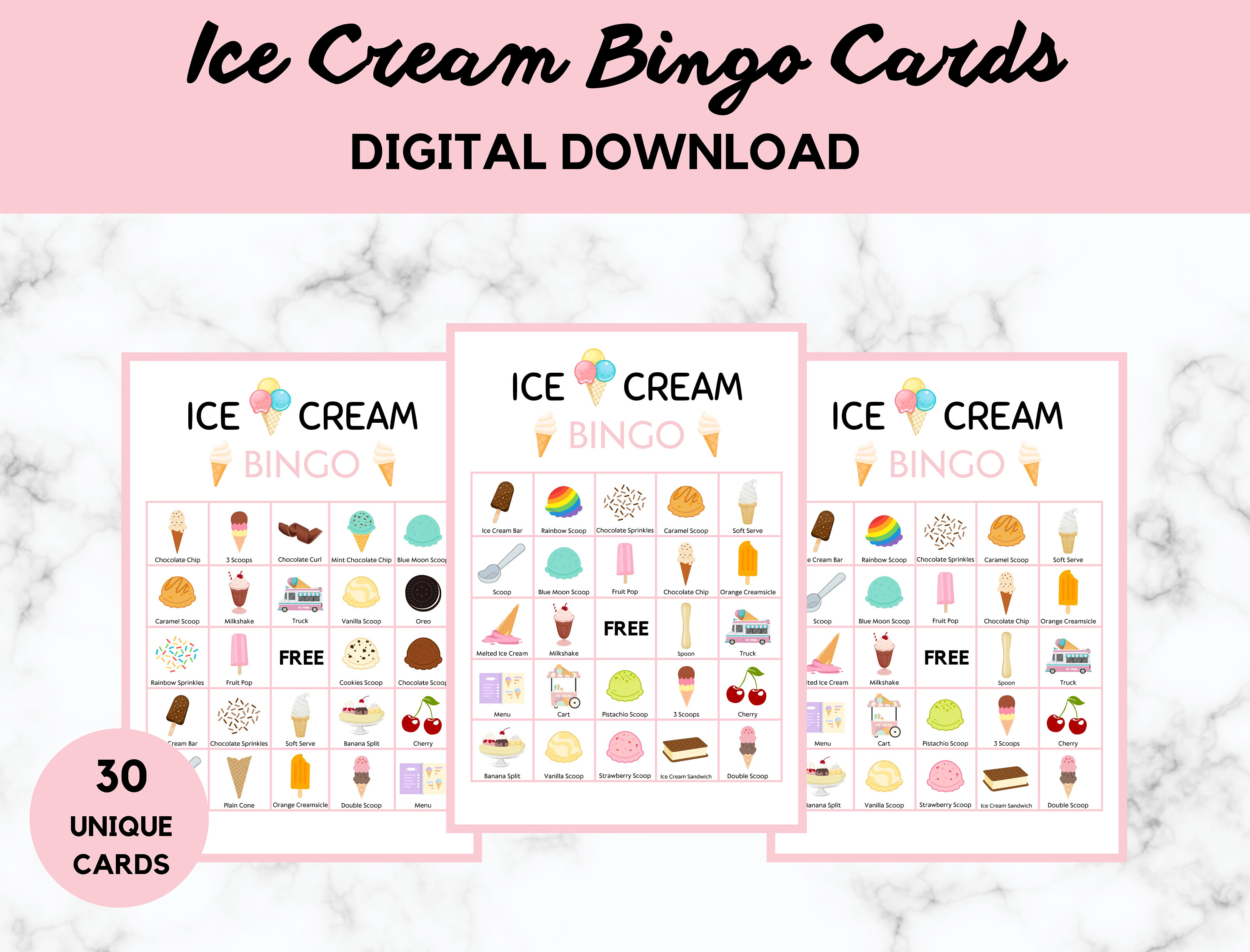 Ice Cream Bingo Ice Cream Activity 30 Printable Ice Cream Bingo Cards ...