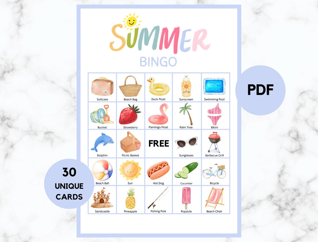 Summer Bingo - Summer Activity- 30 Summer Bingo Cards - Summer Game ...