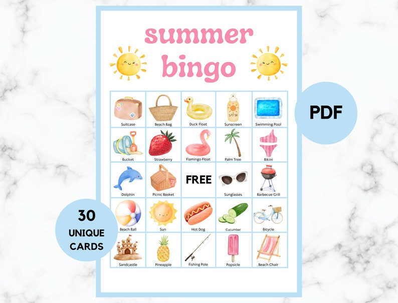 Summer Bingo Summer Activity 30 Summer Bingo Cards Summer Game Summer ...