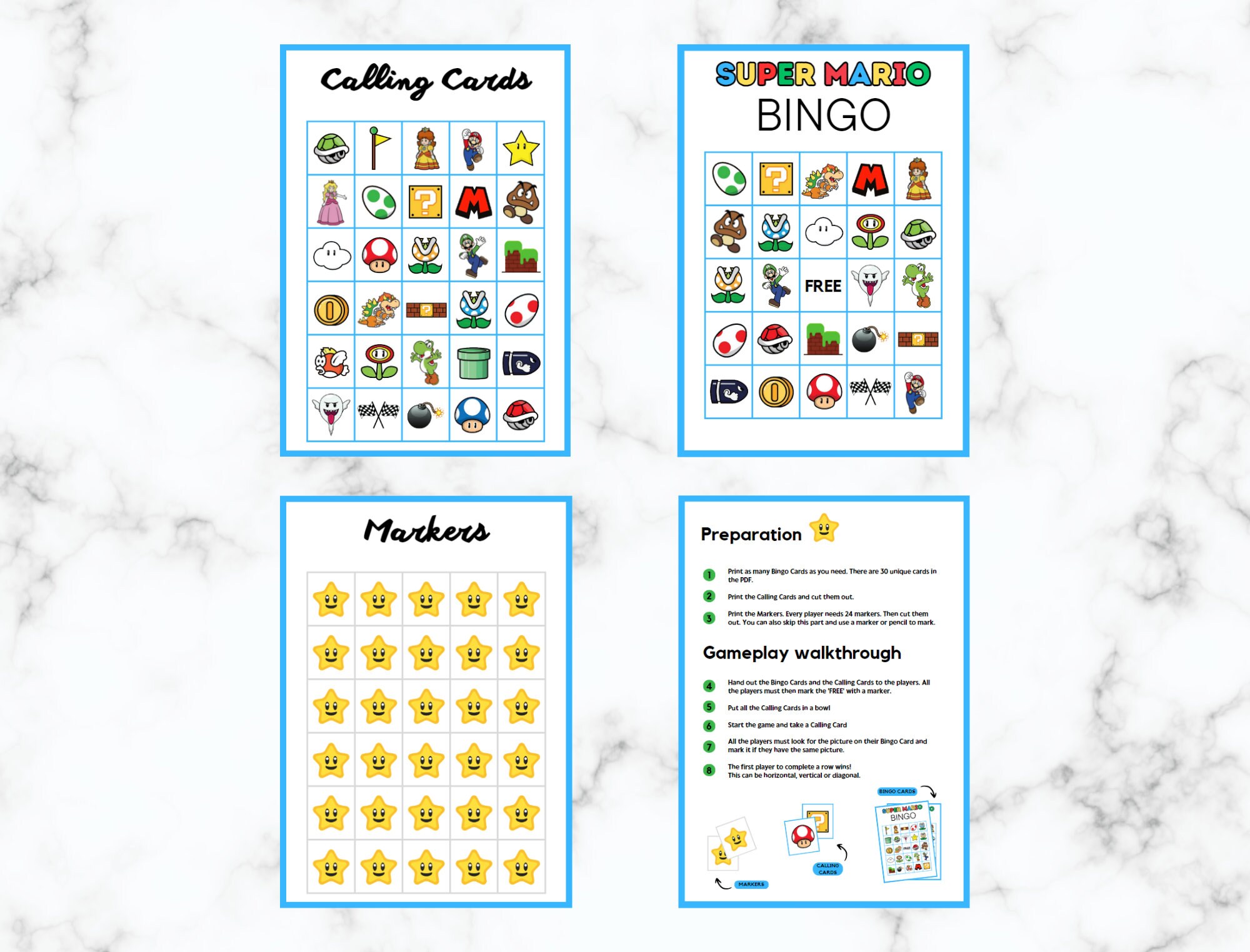 Super Mario Bingo 30 Super Mario Bingo Cards Super Mario Party Game ...