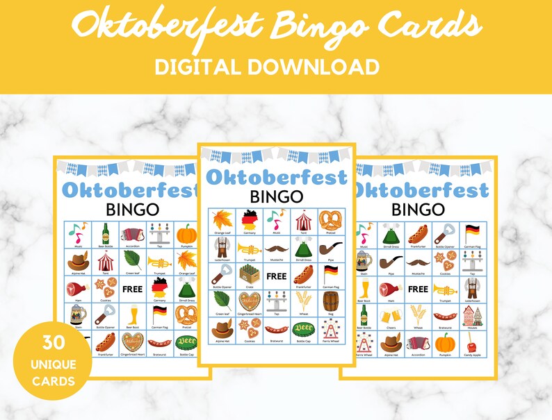 Oktoberfest Bingo - Germany Bingo - 30 Oktoberfest Bingo Cards ...