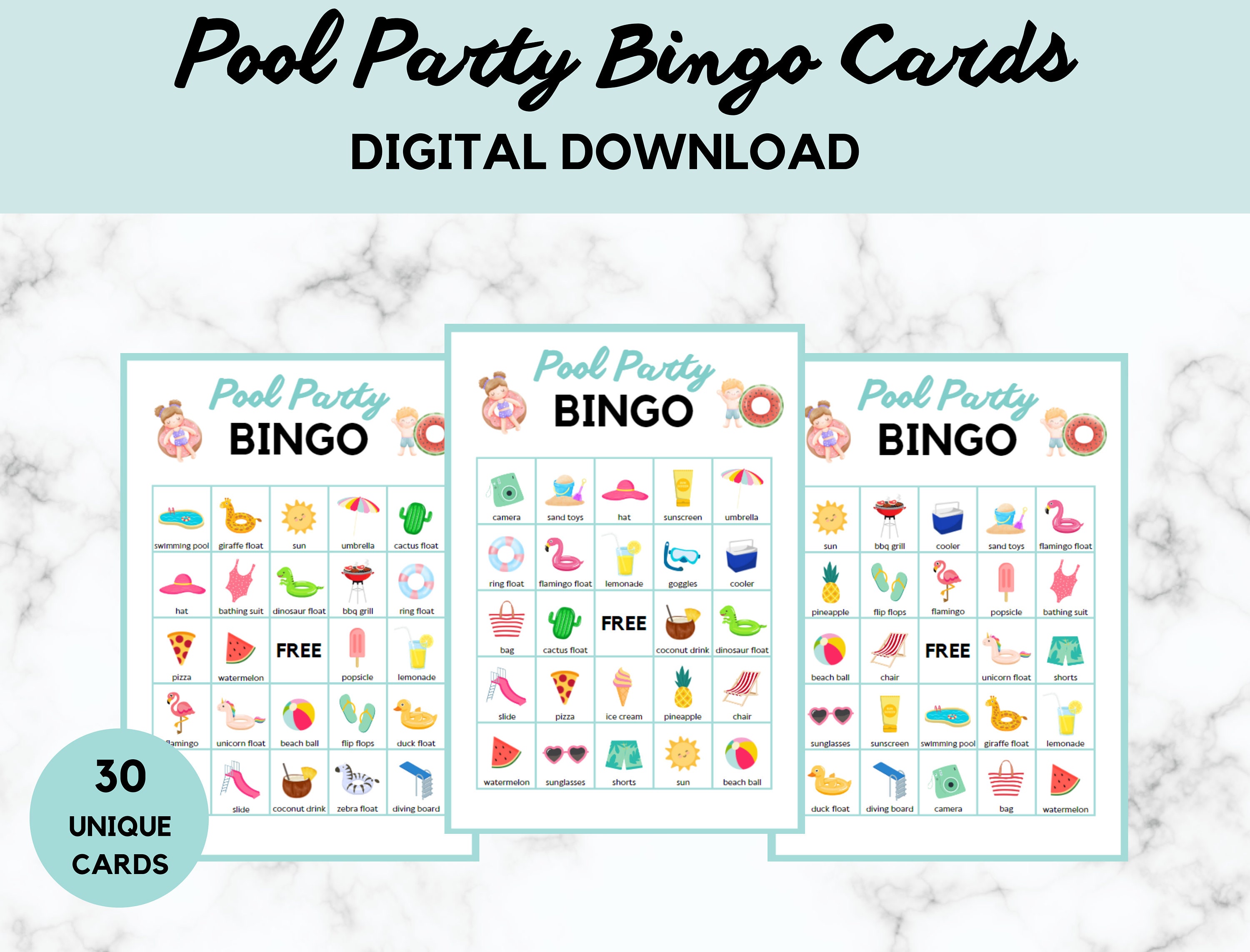 Pool Party Bingo - 30 Pool Party Bingo Cards - Pool Party Game - Pool ...