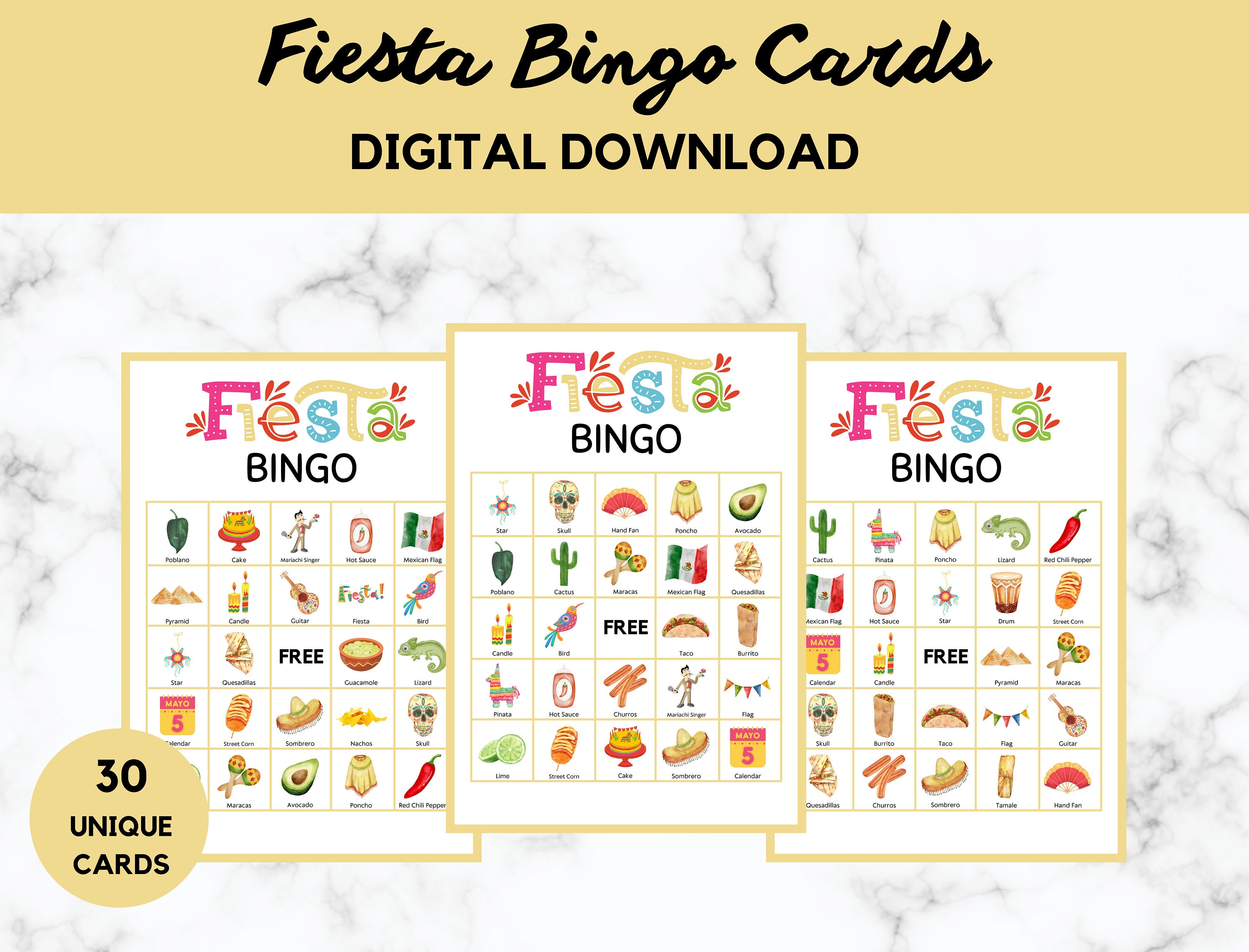 Fiesta Bingo - Fiesta Activity for Kids - 30 Fiesta Bingo Cards ...