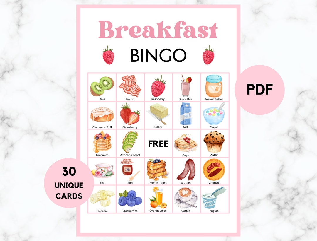 Breakfast Bingo Breakfast Activity 30 Breakfast Bingo Cards Breakfast Party Game Printable ...