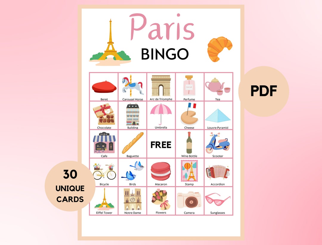 Paris Bingo - Travel Bingo - 30 Paris Bingo Cards - Paris Party Game ...