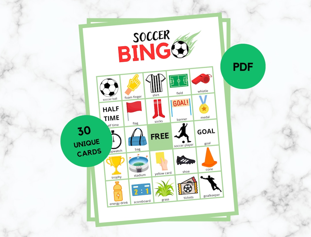 Soccer Bingo - 30 Soccer Bingo Cards - Soccer Party Game - Soccer ...