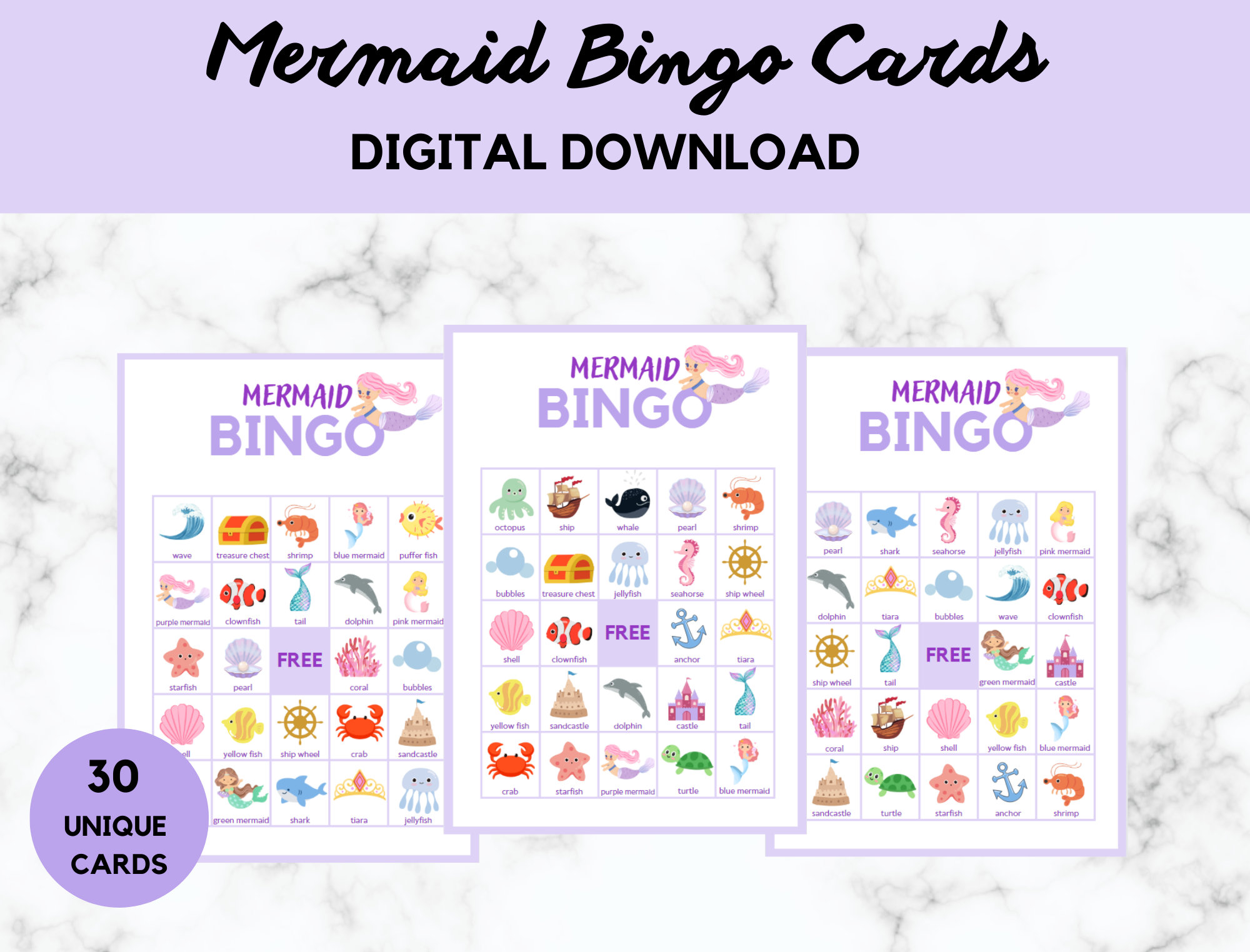 Mermaid Bingo - 30 Mermaid Bingo Cards - Mermaid Party Game - Mermaid ...