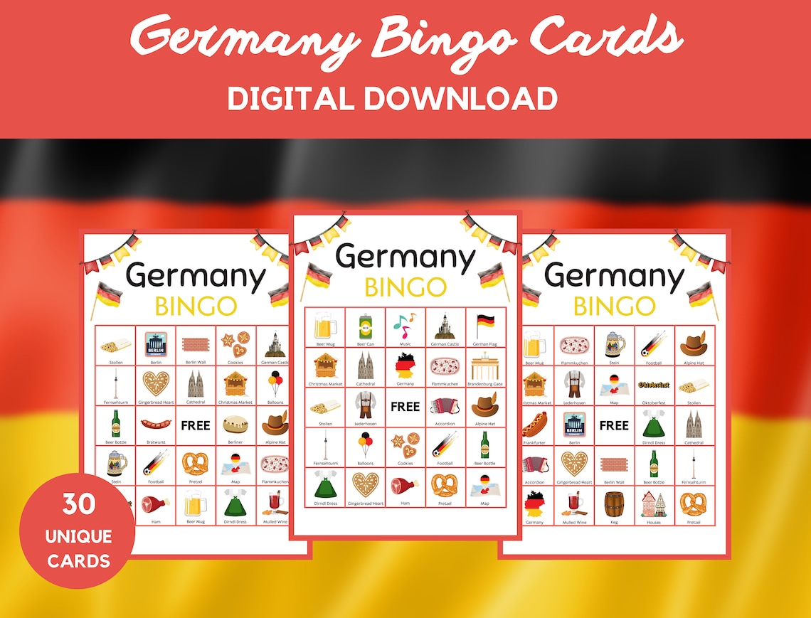 Germany Bingo - Travel Bingo - 30 Germany Bingo Cards - Germany Party ...