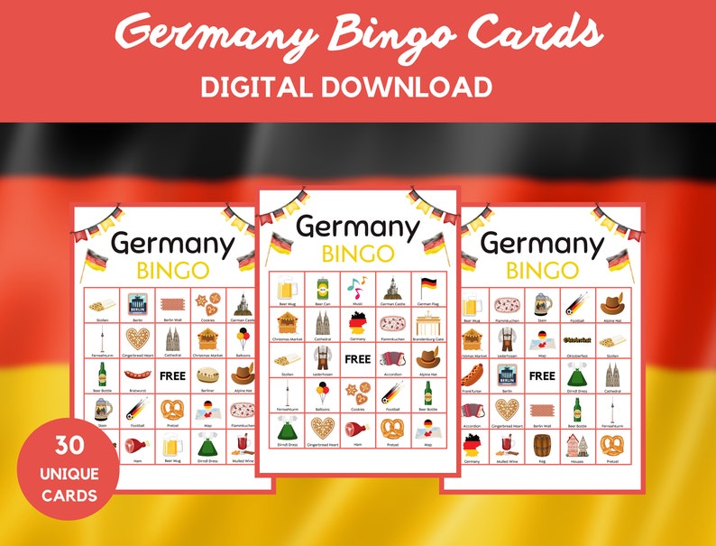 Germany Bingo - Travel Bingo - 30 Germany Bingo Cards - Germany Party ...