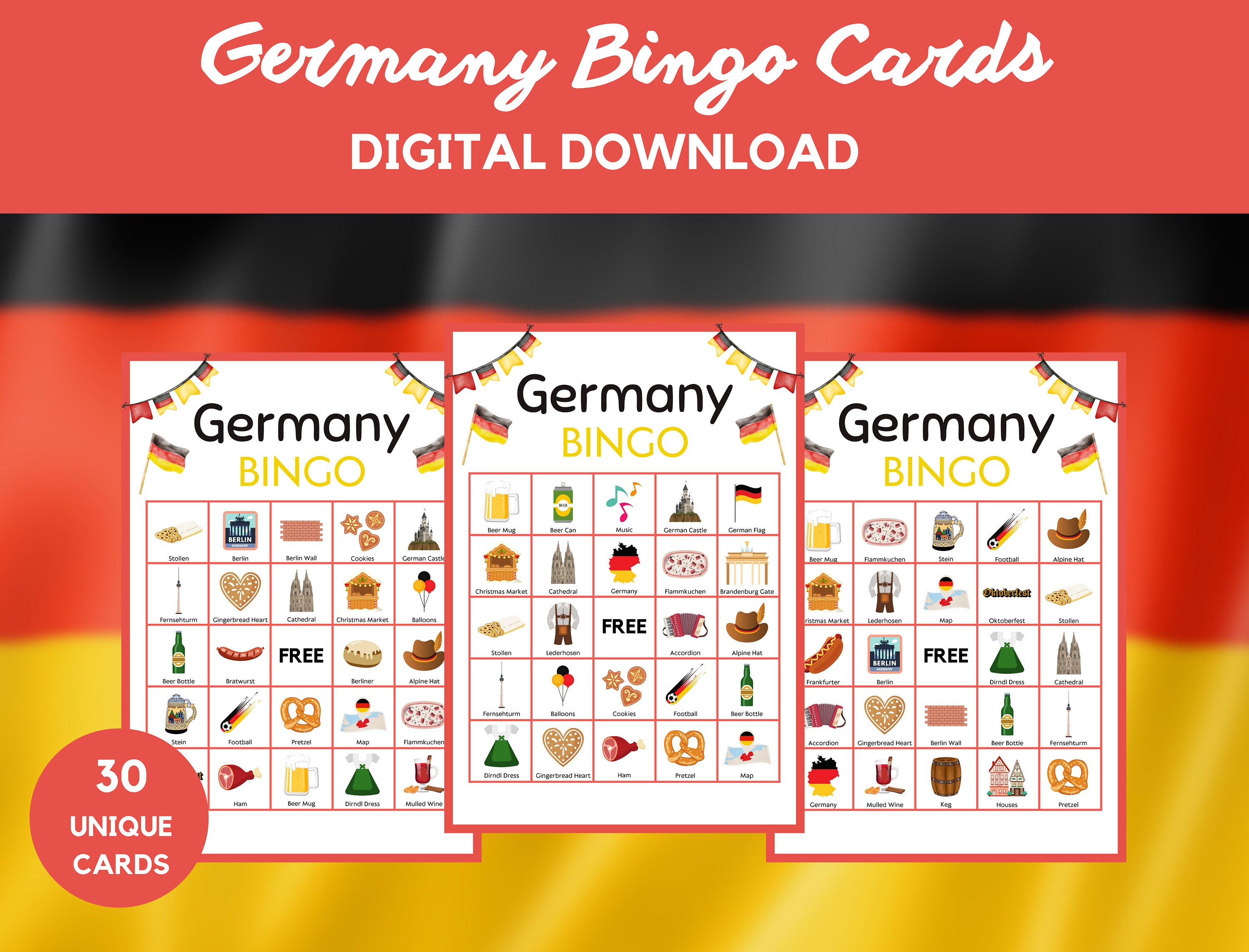 Germany Bingo - Travel Bingo - 30 Germany Bingo Cards - Germany Party ...