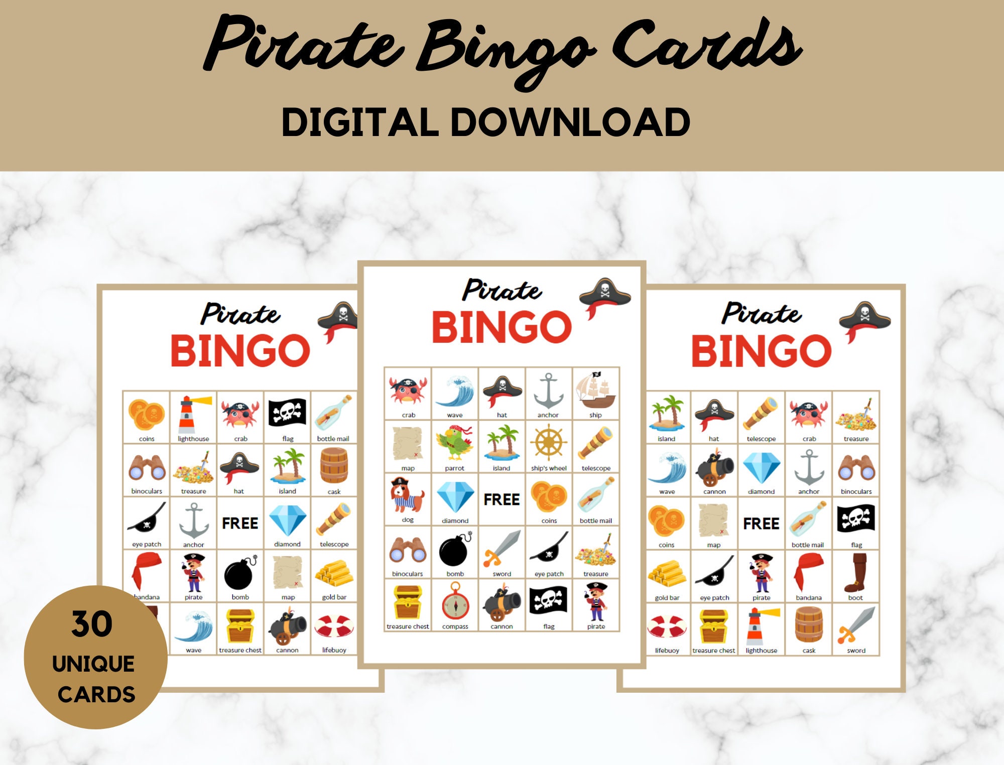 Pirate Bingo - 30 Pirate Bingo Cards - Pirate Party Game - Pirate ...