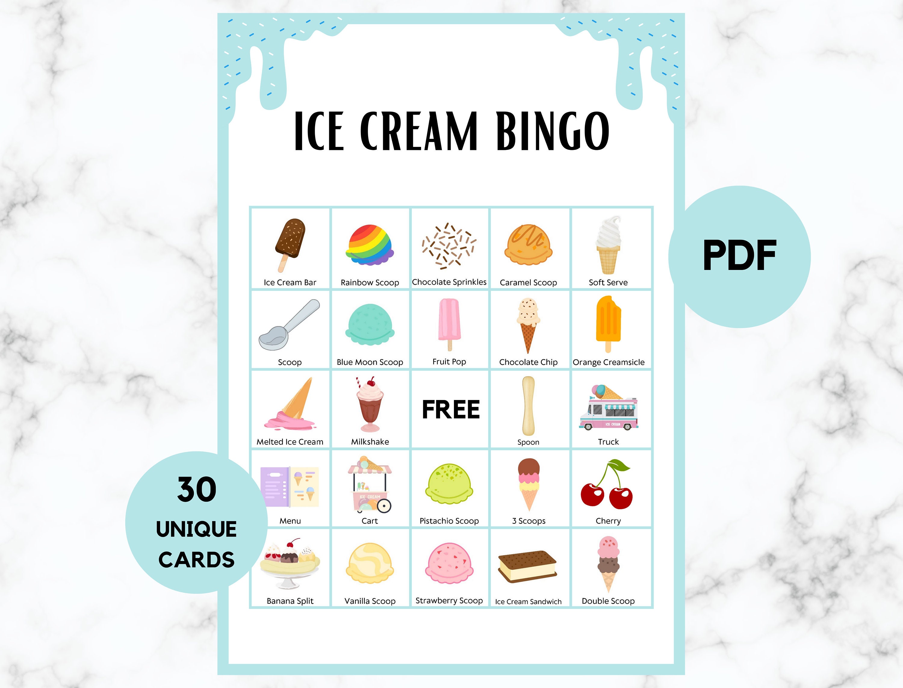 Ice Cream Bingo - Ice Cream Activity- 30 Printable Ice Cream Bingo ...