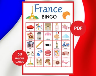 France Bingo Travel Bingo 30 France Bingo Cards France Party Game ...