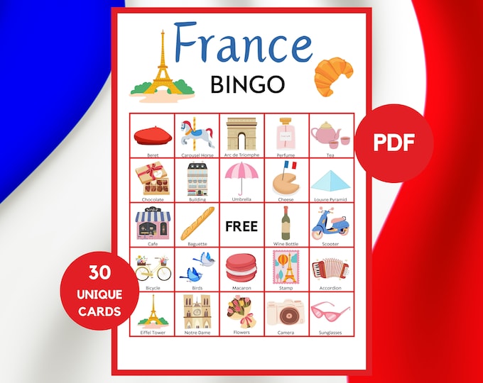 30 France Bingo Cards Printable Game, Paris France Travel Bingo Boards ...