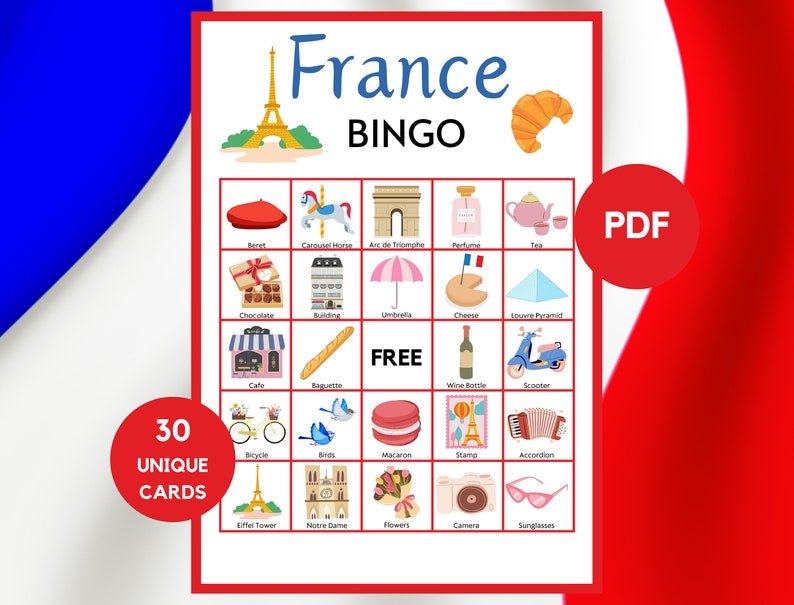 France Bingo - Travel Bingo - 30 France Bingo Cards - France Party Game ...