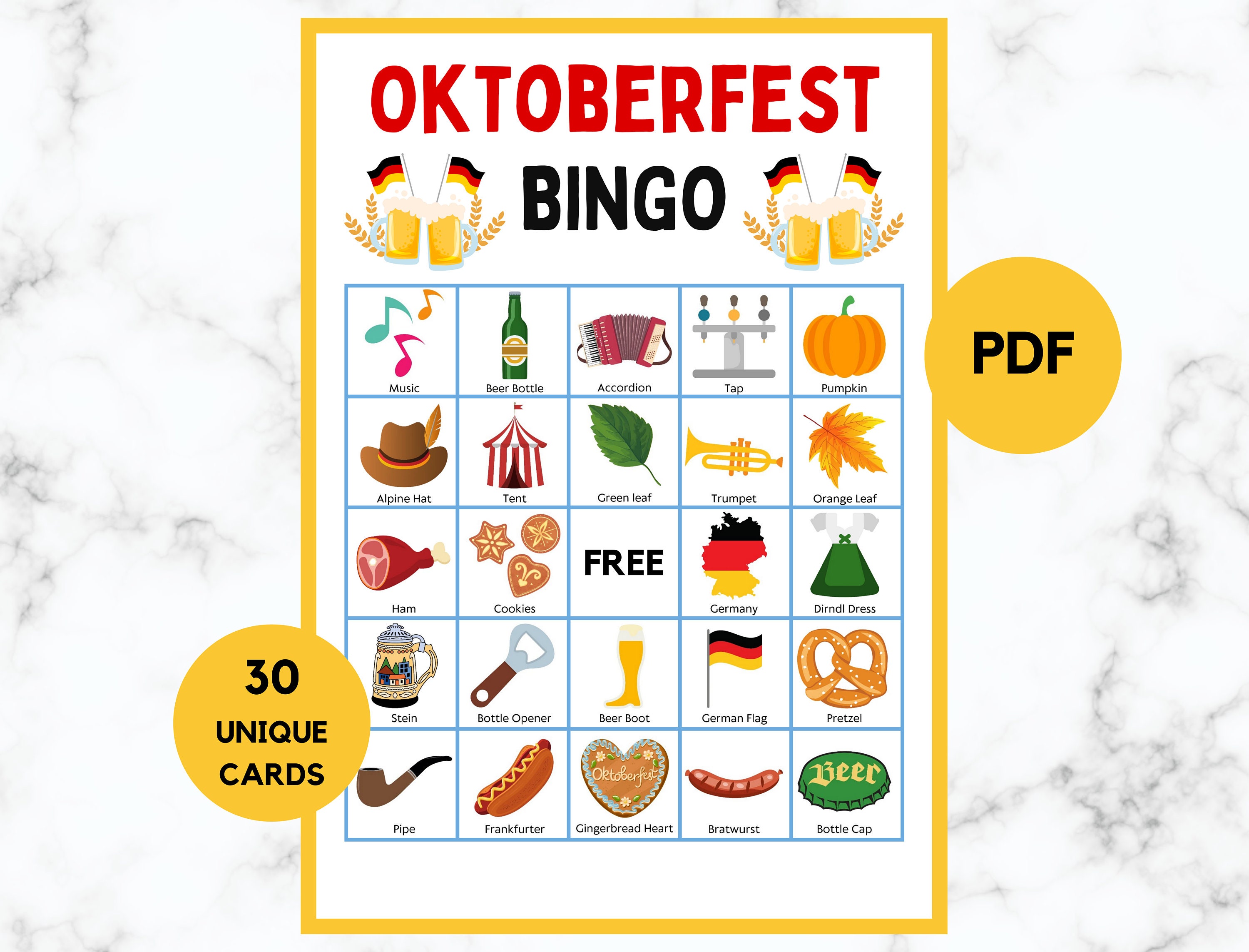 Oktoberfest Bingo - Germany Bingo - 30 Oktoberfest Bingo Cards ...