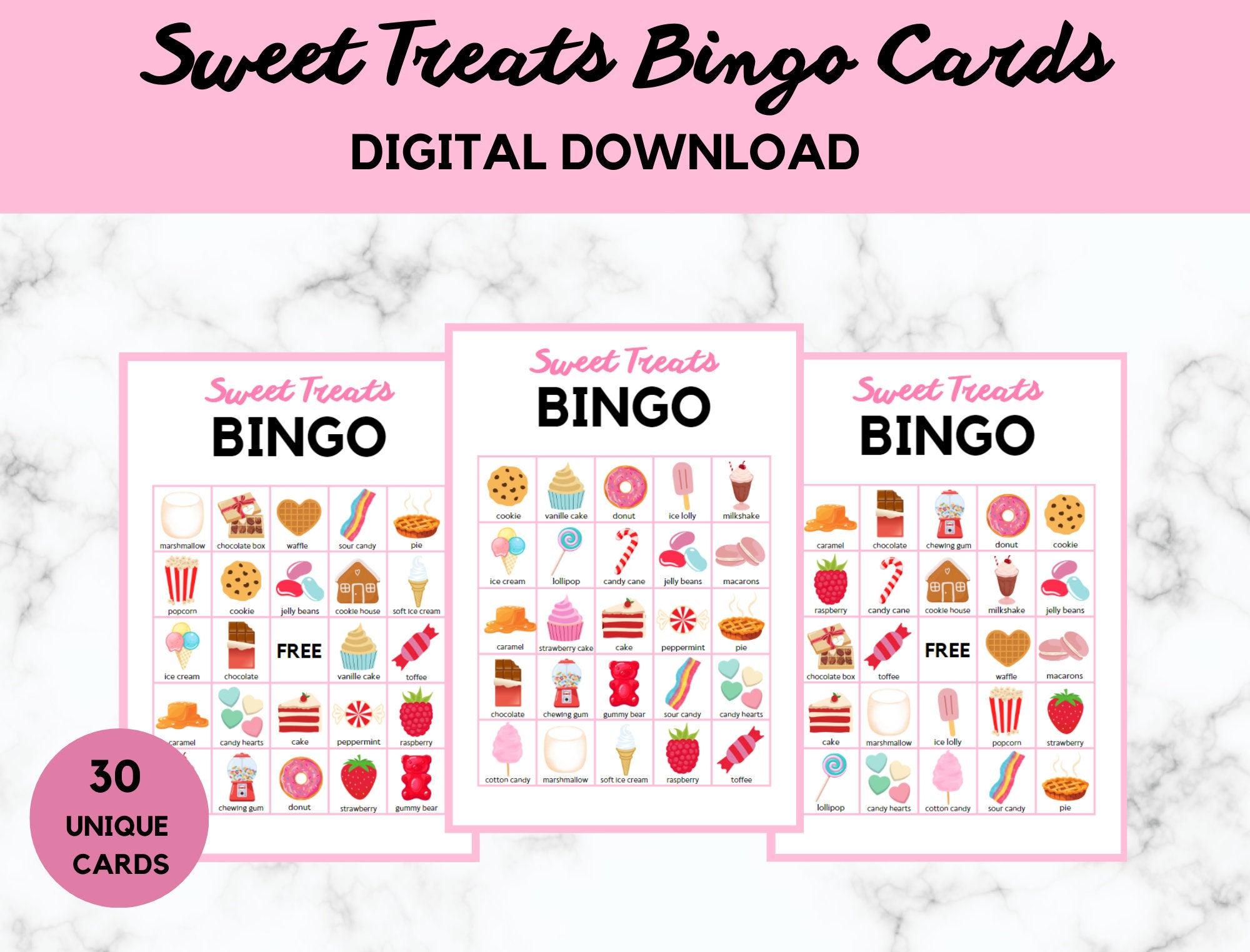 Sweet Treats Bingo - 30 Sweet Treats Bingo Cards - Sweet Treats Party ...