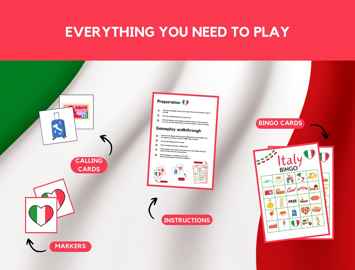 Italy Bingo - Travel Bingo - 30 Italy Bingo Cards - Italy Party Game ...