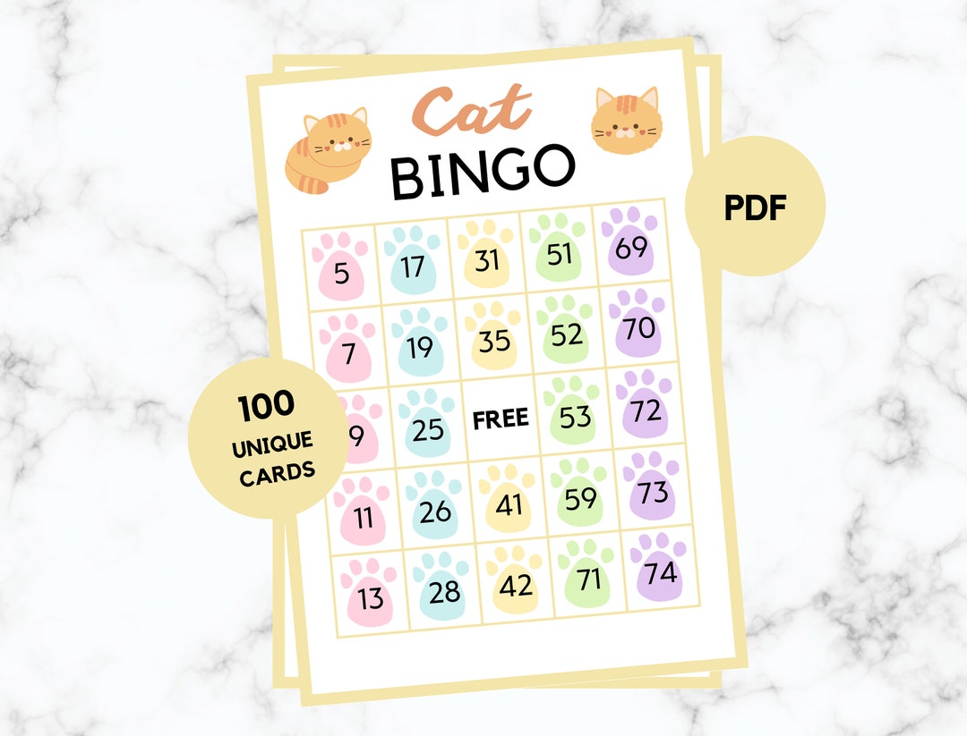 Cat Bingo - 100 Cat Bingo Cards - Cat Party Game - Cat Birthday - Cat ...