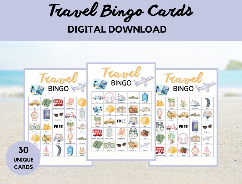 Travel Bingo - 30 Travel Bingo Cards - Travel Party Game - Travel ...