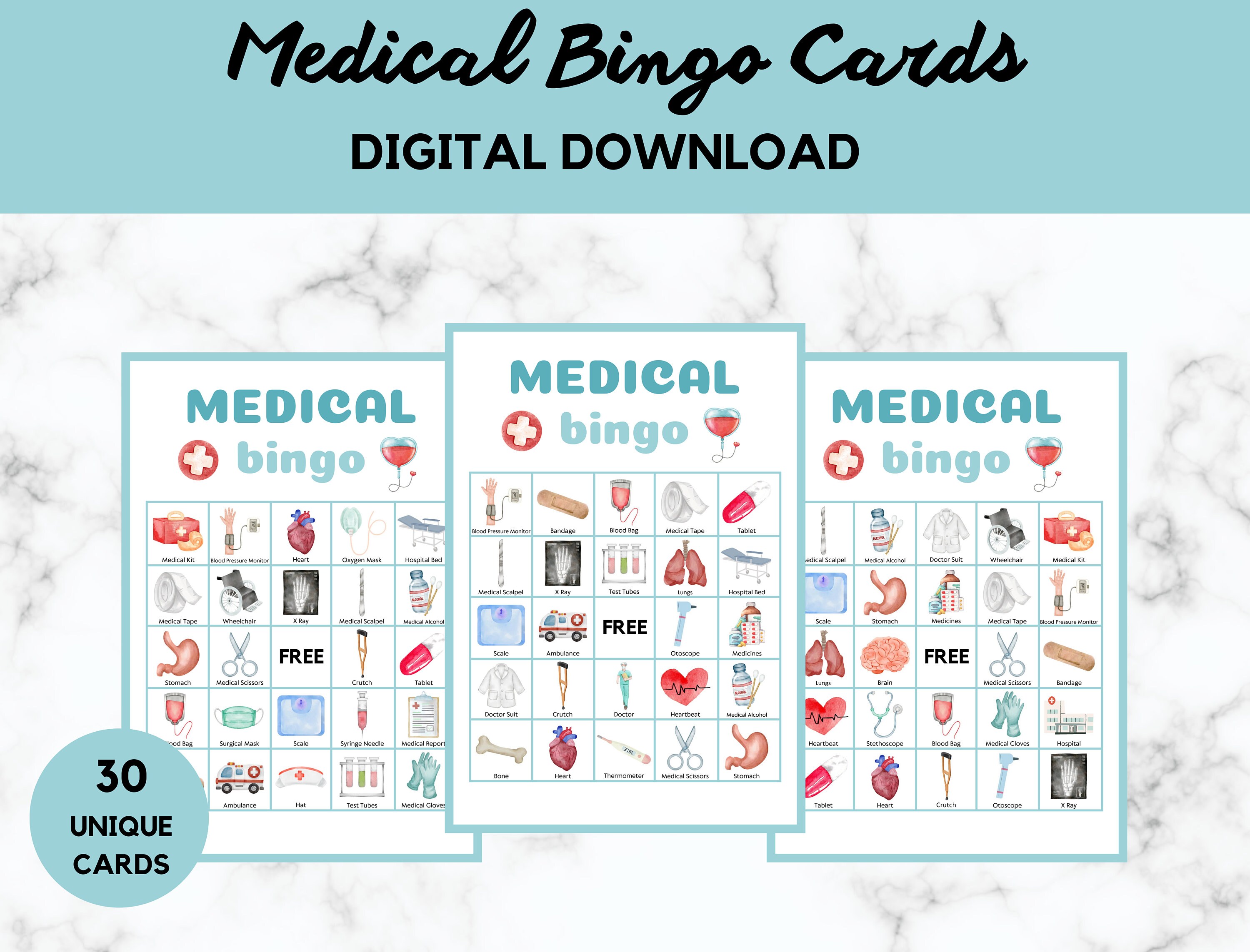 Medical Bingo - Doctor Bingo - 30 Medical Bingo Cards - Nurse Bingo ...