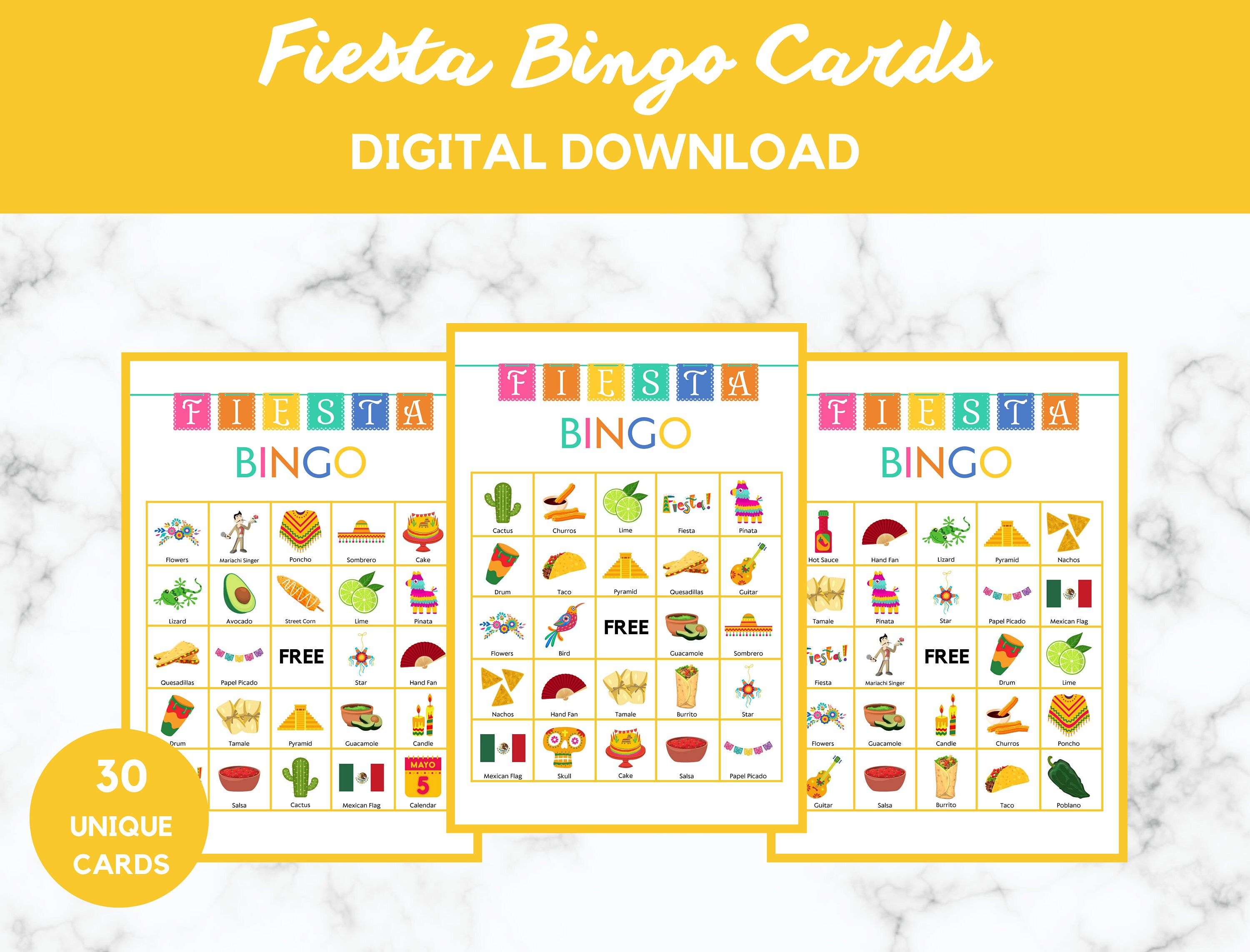 Fiesta Bingo - Fiesta Activity for Kids - 30 Fiesta Bingo Cards ...