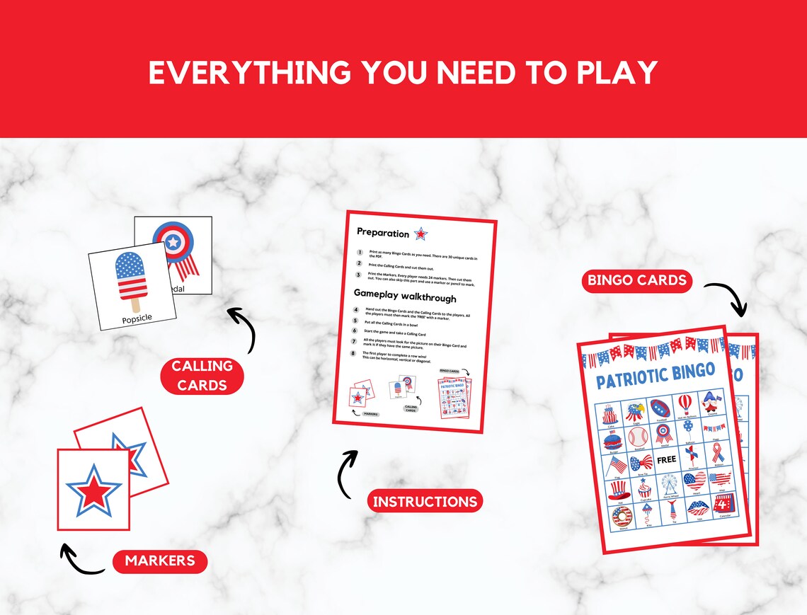 Patriotic Bingo - Independence Day Bingo - 30 4th of July Bingo Cards ...